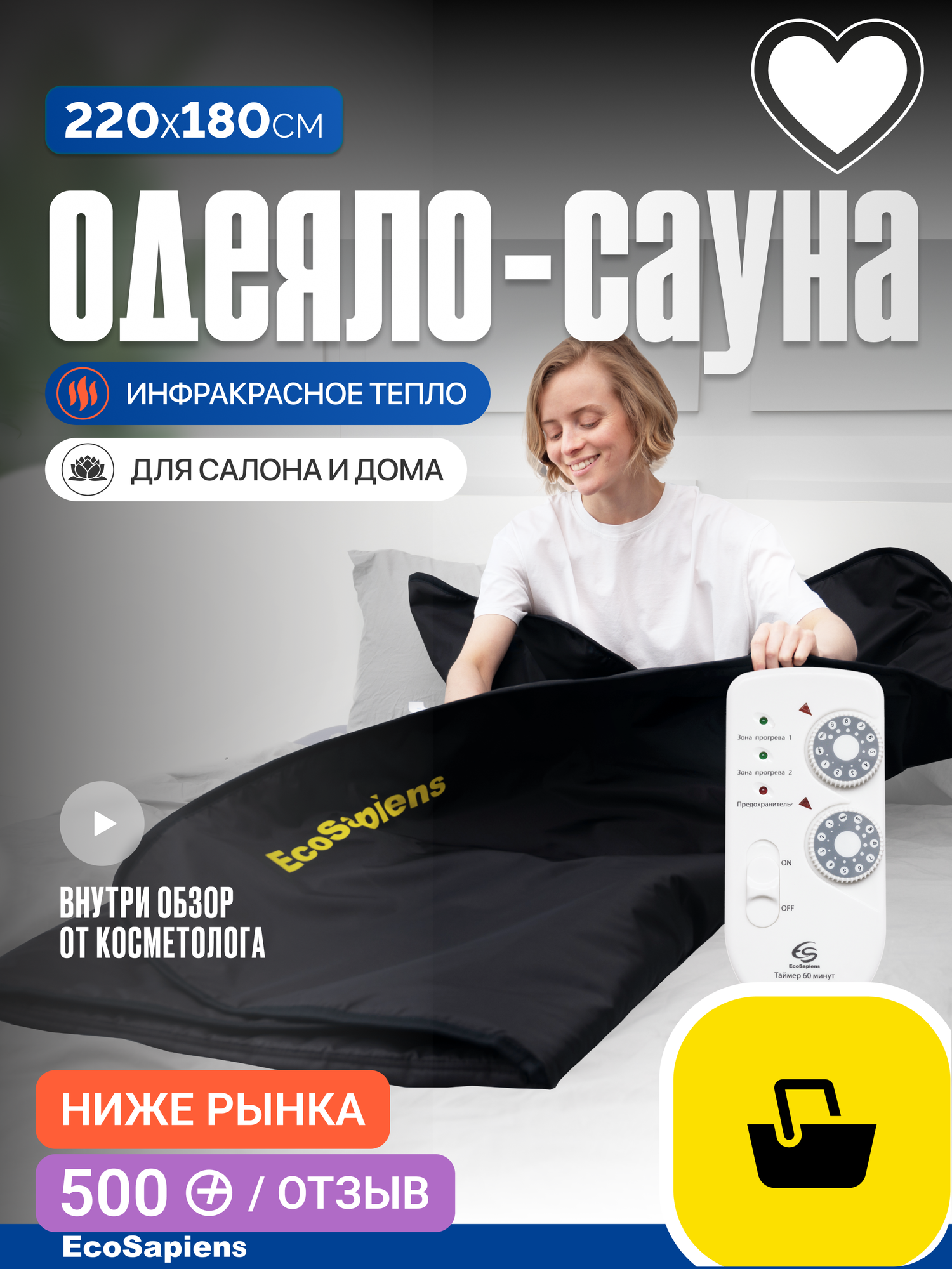 Одеяло для обертывания с ИК прогревом Infrasauna, косметологическое термоодеяло 220*180, 9 режимов, 2 зоны нагрева