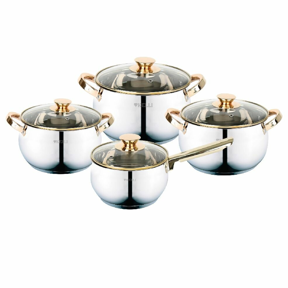 Набор посуды из нержавеющей стали, 3 кастрюли 2.1л, 3л, 4л и ковш 2.1л, с толстым дном, с крышками, для индукционной и газовой плиты Kelli