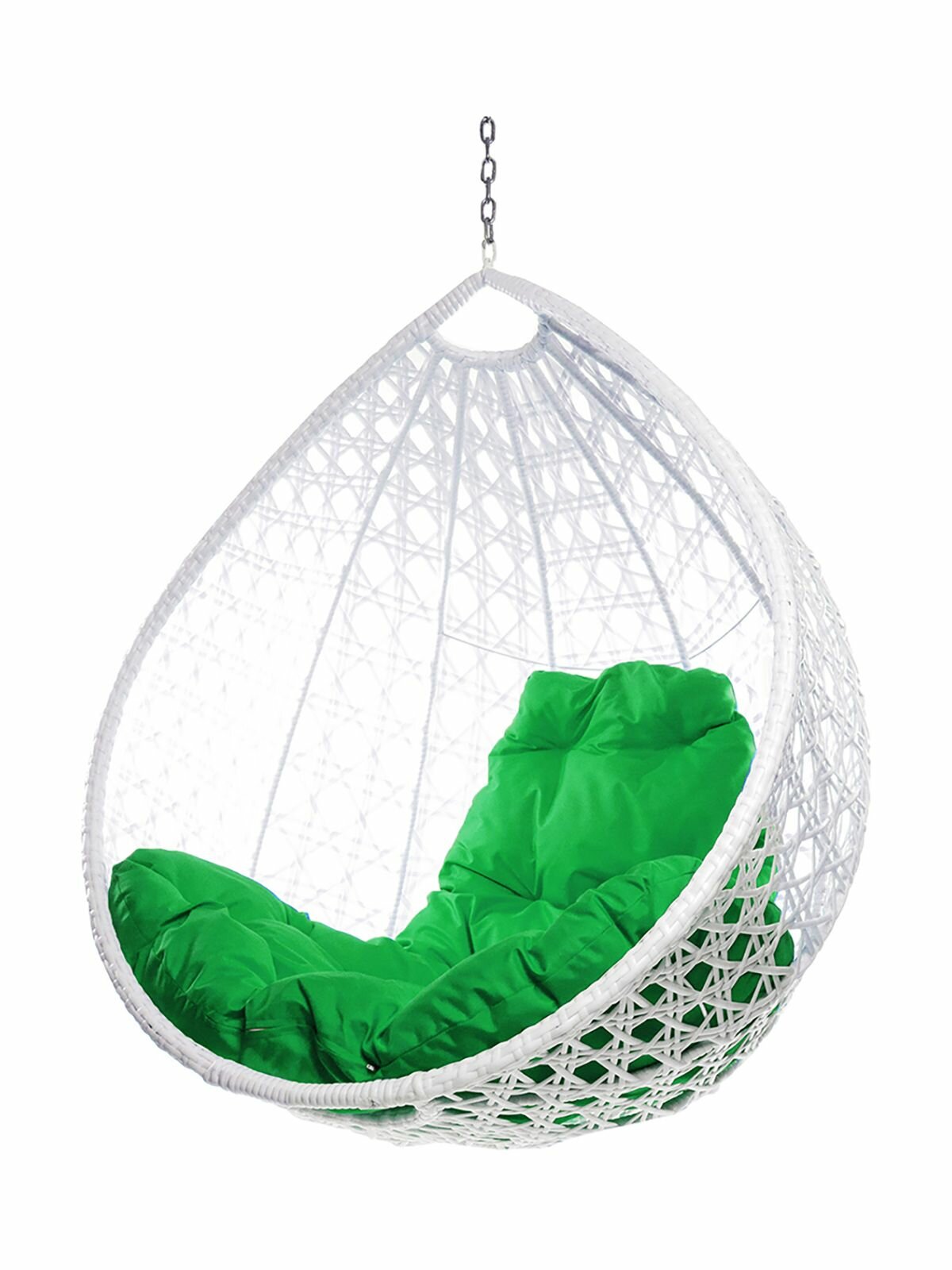 Подвесное кресло капля люкс (без стойки), с ротангом белое, зелёная подушка