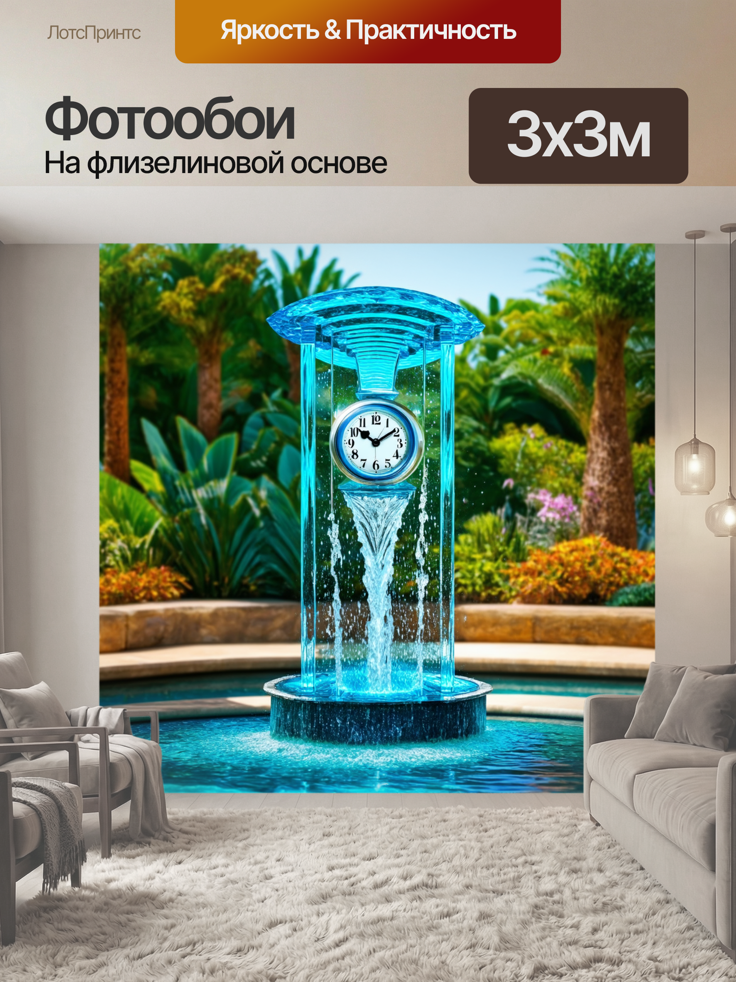 Фотообои "Водяные часы, выполненные из стеклянных элементов, с падающей водой в форме фонтанов, на фоне оазиса. стиль: сюрреализм с элементами природы." 300x300 см. экосольвентная печать