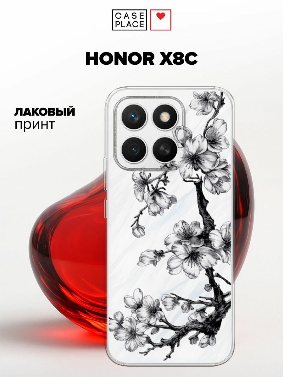 Силиконовый чехол на Honor X8c / Хонор X8c с принтом Ветка сакуры серая