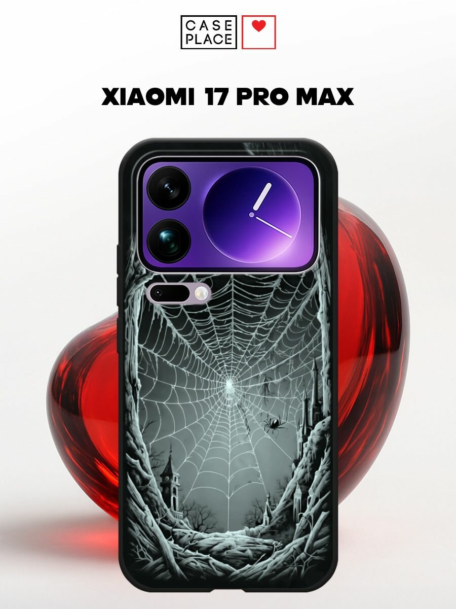 Черный матовый чехол на Xiaomi 17 Pro Max / Сяоми 17 Про Макс с принтом Паучья паутина в белом