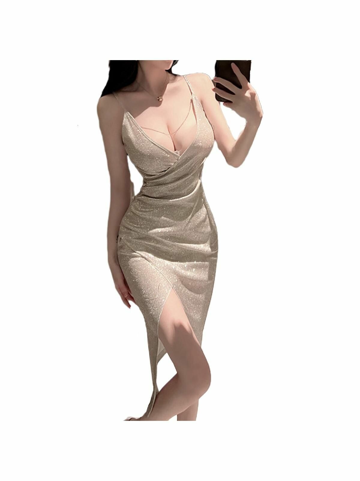 Сексуальное белье для женщин, блестящее платье-макси с глубоким вырезом, Шампанское - Один размер