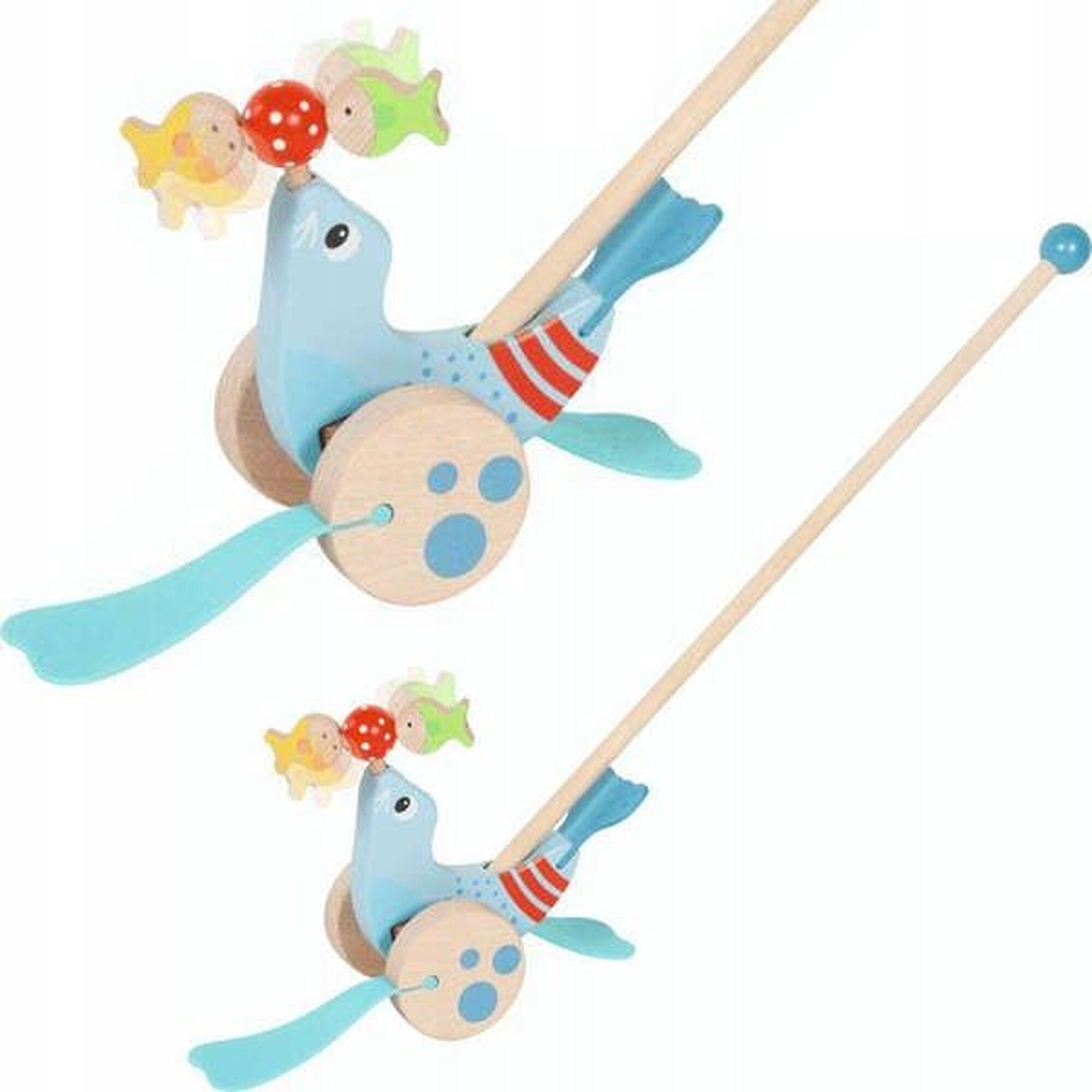 Детская каталка Goki - Игрушка-каталка тюлень с вращающейся рыбкой-4013594548984