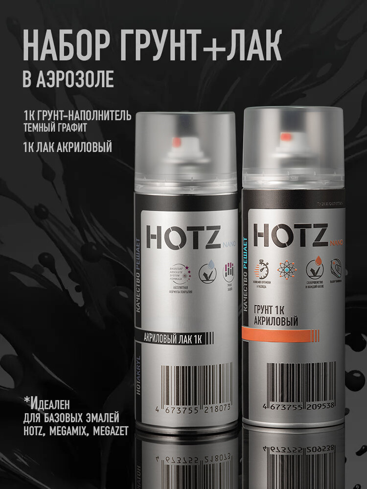 Грунтовка для автомобиля 1K: Темный графит, 520 мл + Лак автомобильный 1K акриловый : в аэрозоле 520 мл (Комплект Аэрозольный 1040 мл), HOTZ