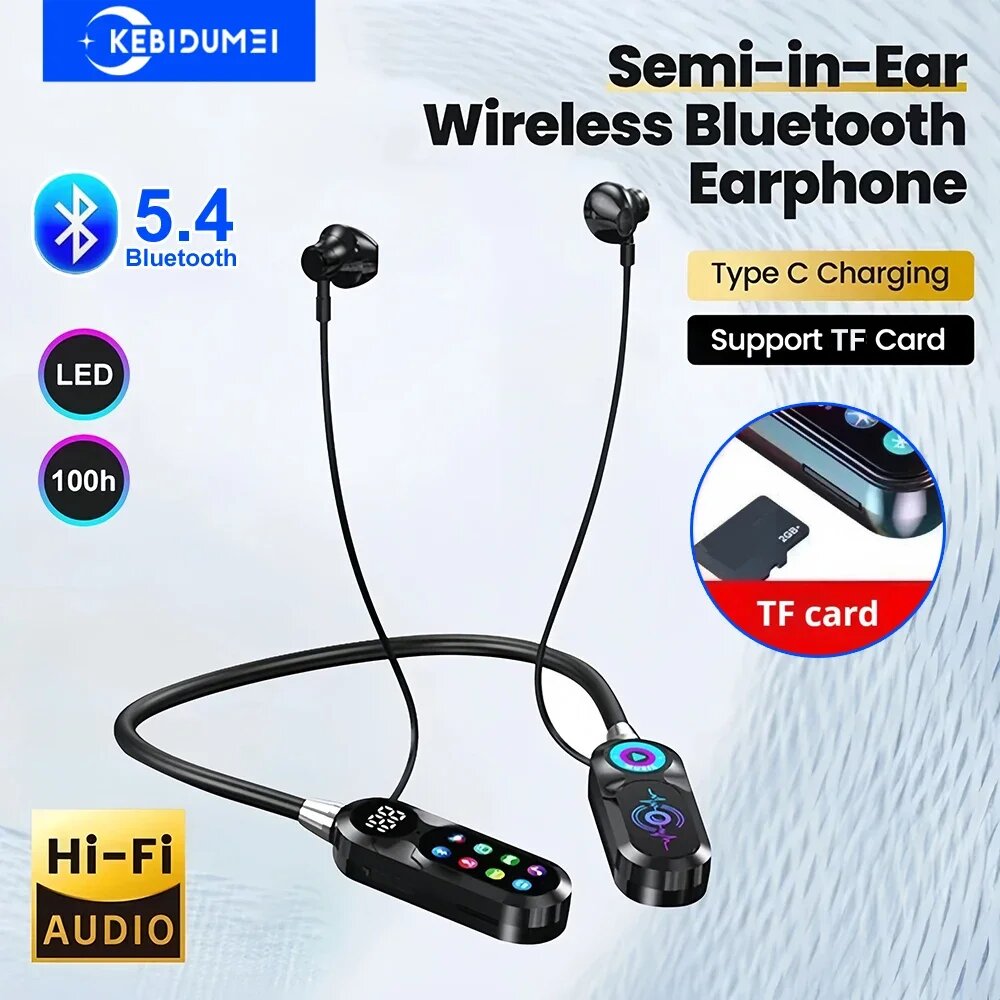 Беспроводные наушники TWS с экраном высокой четкости, Bluetooth 5.4, шейным ободком, HiFi стерео, водонепроницаемые, поддерживают карты памяти TF.