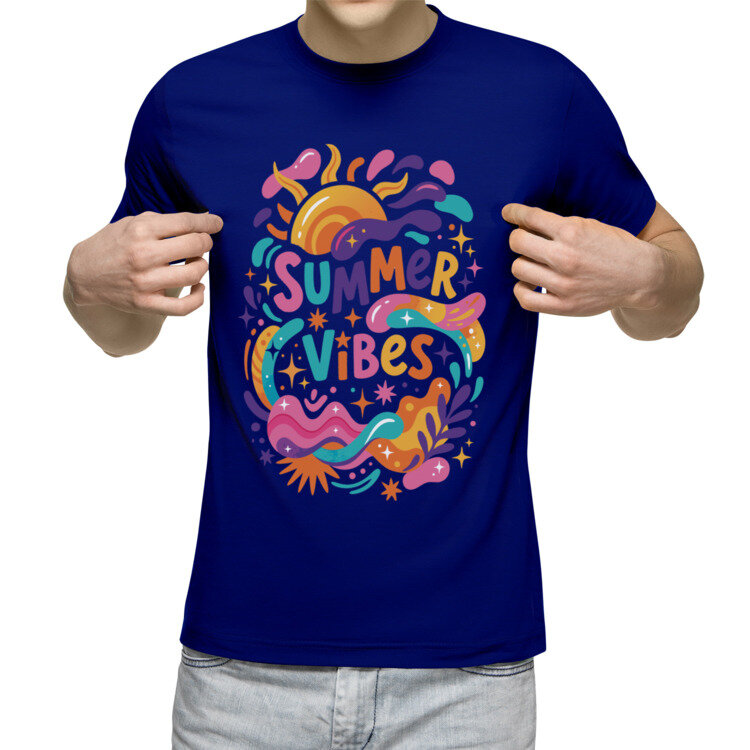 Мужская футболка «с надписью летний вайб абстрактная яркая» (синий, S)