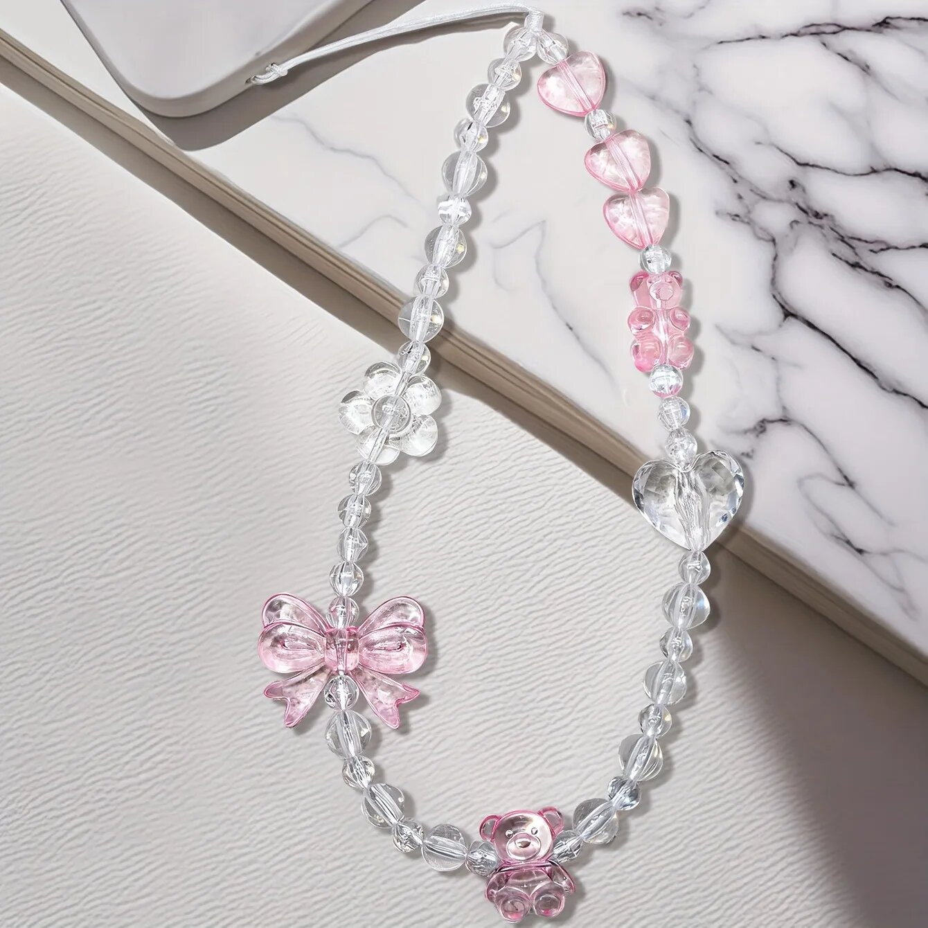 Корейский милый розовый бант с медведем в форме сердца, цепочка для телефона из бисера, брелок для ключей, женская сумка для девочек, подвеска для камеры для чехла