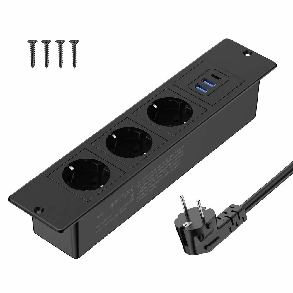 HITRENDS Встраиваемый удлинитель с 3 розетками и 2 USB + 1 Type-C (быстрая зарядка), выключатели, защита от перегрузки, 4000W 16A 240V, огнестойкий, кабель 2 м