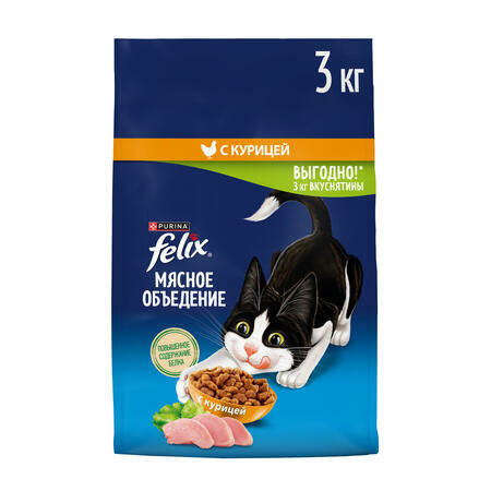 FELIX Мясное Объедение 3 кг, сухой корм для взрослых кошек, с курицей
