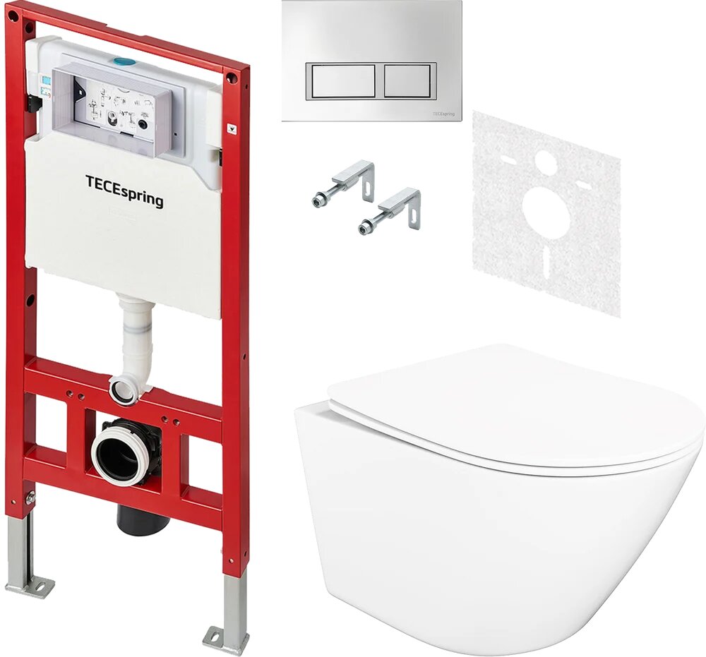 Комплект 5 в 1 Унитаз подвесной STWORKI Молде S23401WH / Инсталляция с кнопкой TECE TECEspring S401201 / Крышка-сиденье, Комплект шумоизоляции