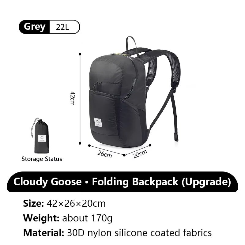 Складной рюкзак Naturehike 18/22L, серый/Black 22L