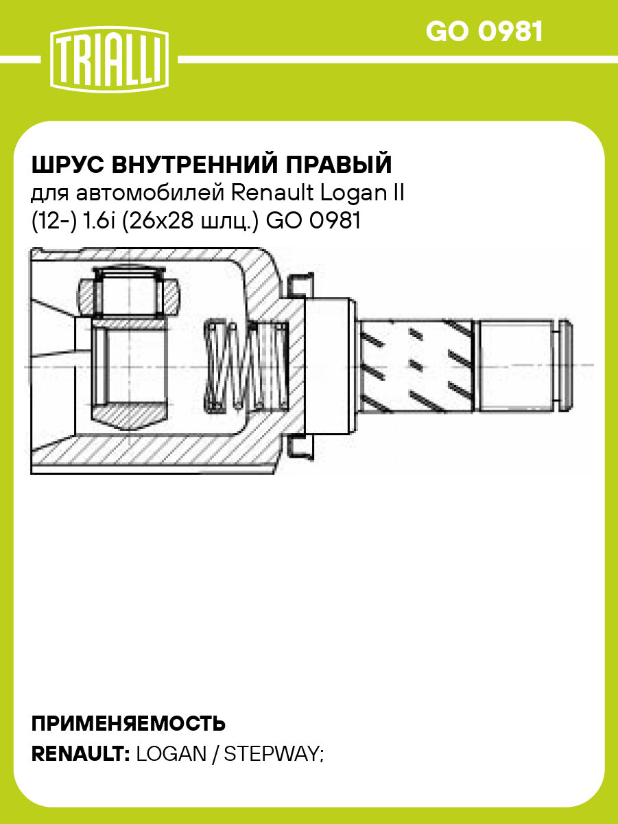 ШРУС внутренний правый для автомобилей Renault Logan II (12-) 1.6i (26х28 шлц.) GO 0981 TRIALLI