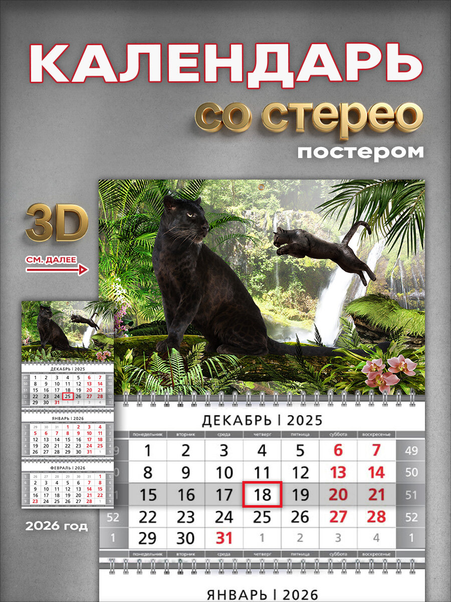 Настенный квартальный стереокалендарь "Пантеры"