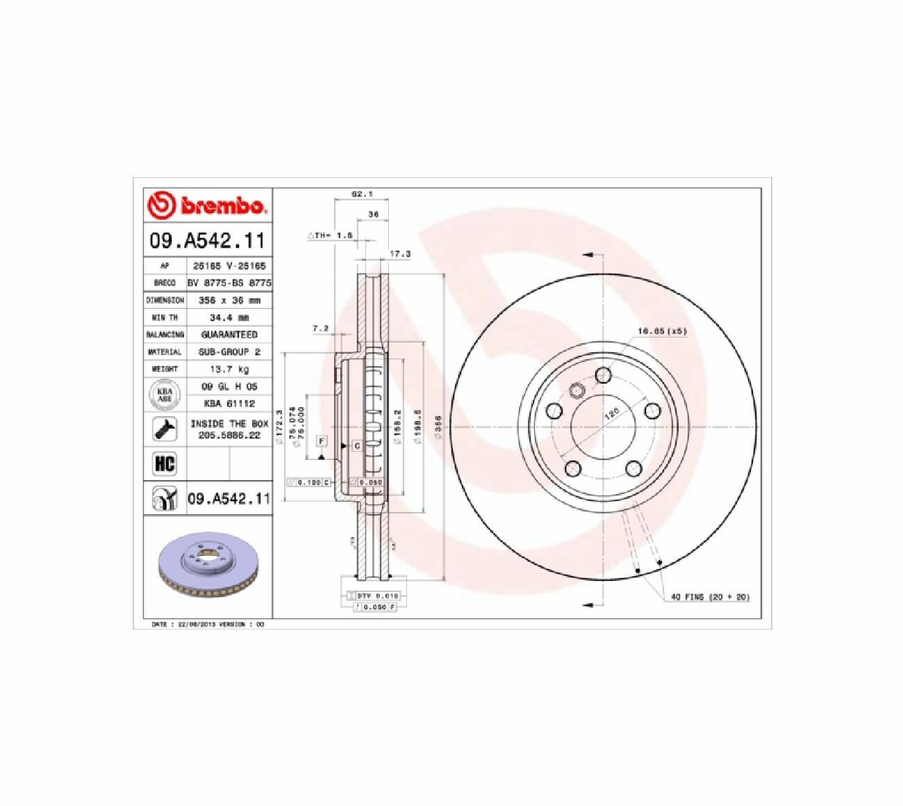 Диск тормознои переднии BMW X5(E53) 02- /Vent. D 356mm BREMBO 09. A542.11 09A54211