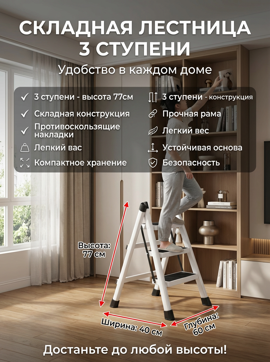 Складная стремянка для дома и офиса, 3 ступени, компактная и устойчивая