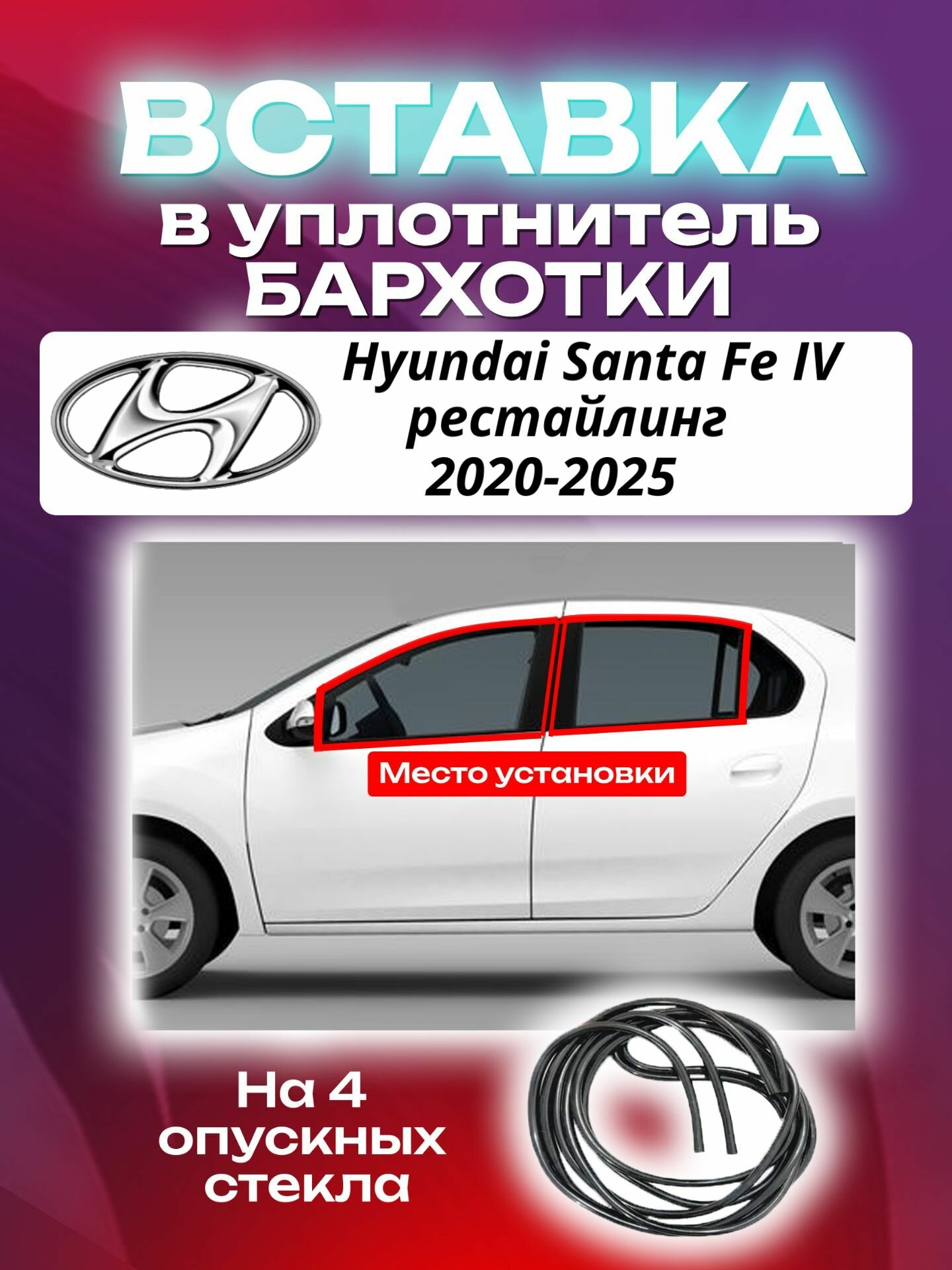 Вставка в уплотнитель бархотки стекла автомобиля Hyundai Santa Fe IV рестайлинг (2020-2025)/ Хундай Санта Фе 4 поколение рестайлинг