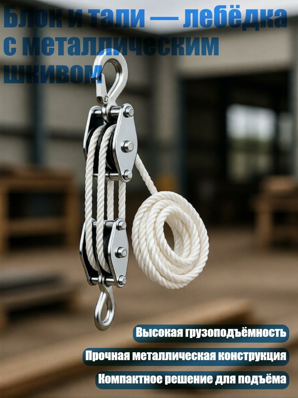 Блок и тали — лебёдка с металлическим шкивом, Белая веревка - 3 раунда