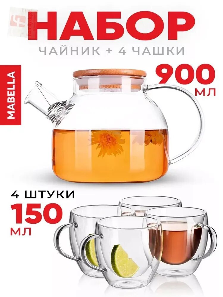 Чайный сервиз Mabella с чайником и 4 чашками из боросиликатного стекла, 900 мл + 150 мл
