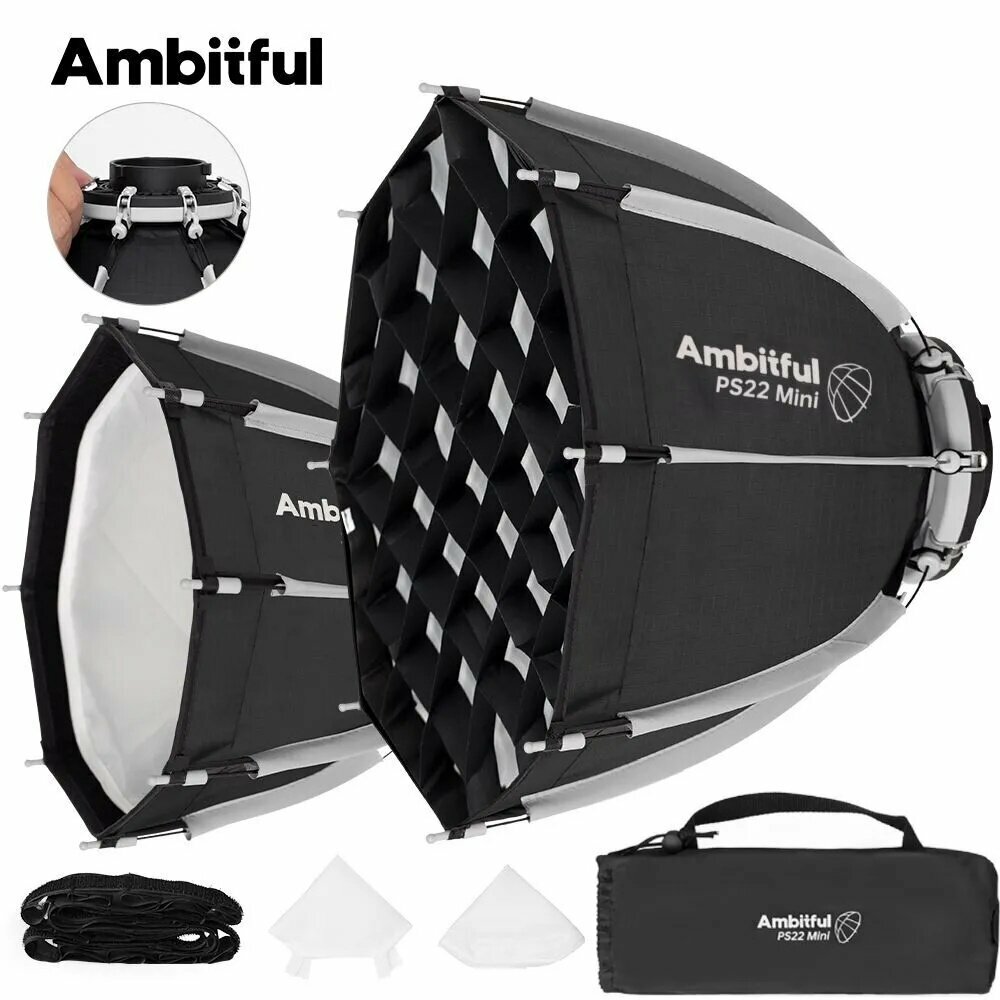 AMBITFUL 22cm PS22 Mini Bowens Mount Mini Softbox Портативный восьмиугольный зонтик Софтбокс + Сотовая Для NANLITE Forza 60, YONGNUO YN150, IFOOTAGE 60/130