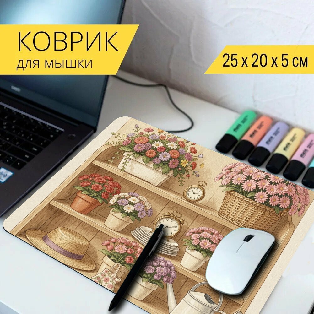 Коврик для мыши с принтом "Цветочные композиции на деревянной полке. Уютная винтажная композиция с множеством букетов в горшках и корзинах, старинными часами, лейкой." 25x20см.