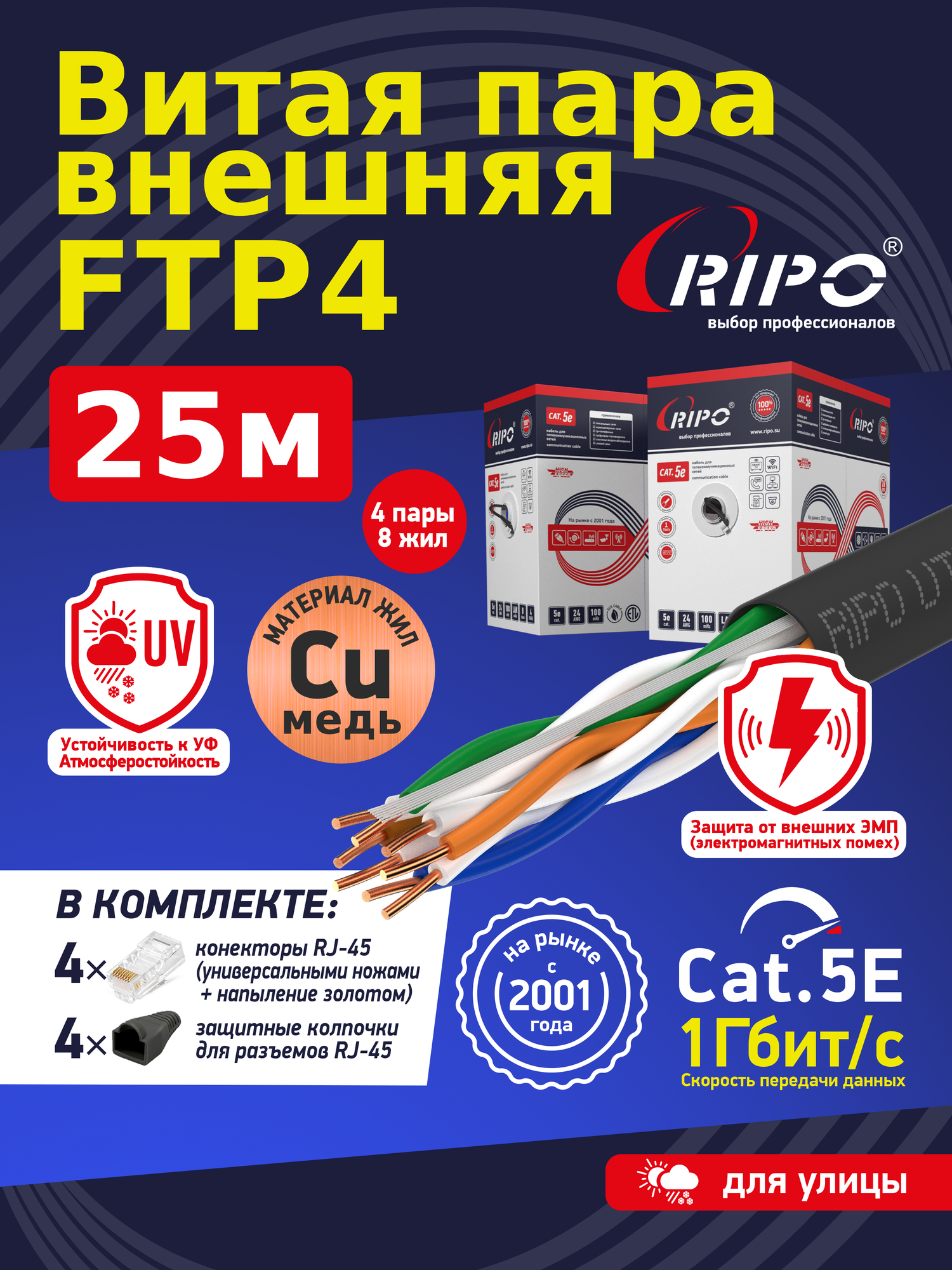 Кабель витая пара LAN FTP4 CAT5E 24AWG Cu PE outdoor 25 м