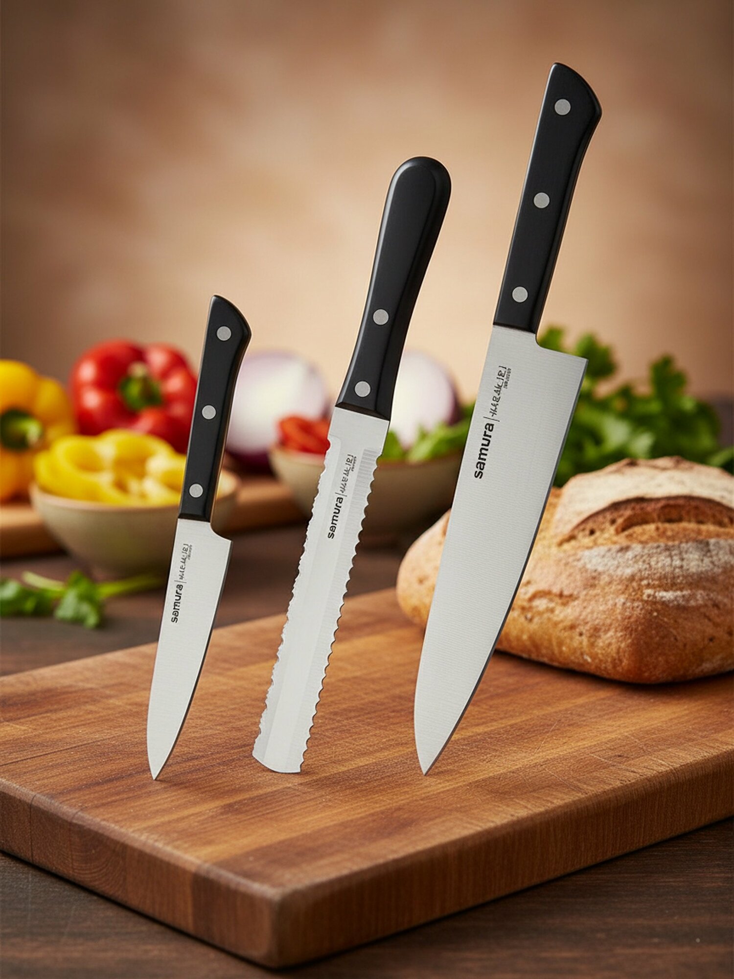 Набор кухонных ножей Samura Harakiri SHR-0220W/K, 3 штуки из нержавеющей стали, черный пластик, лезвия 9.9, 15, 20.8 см