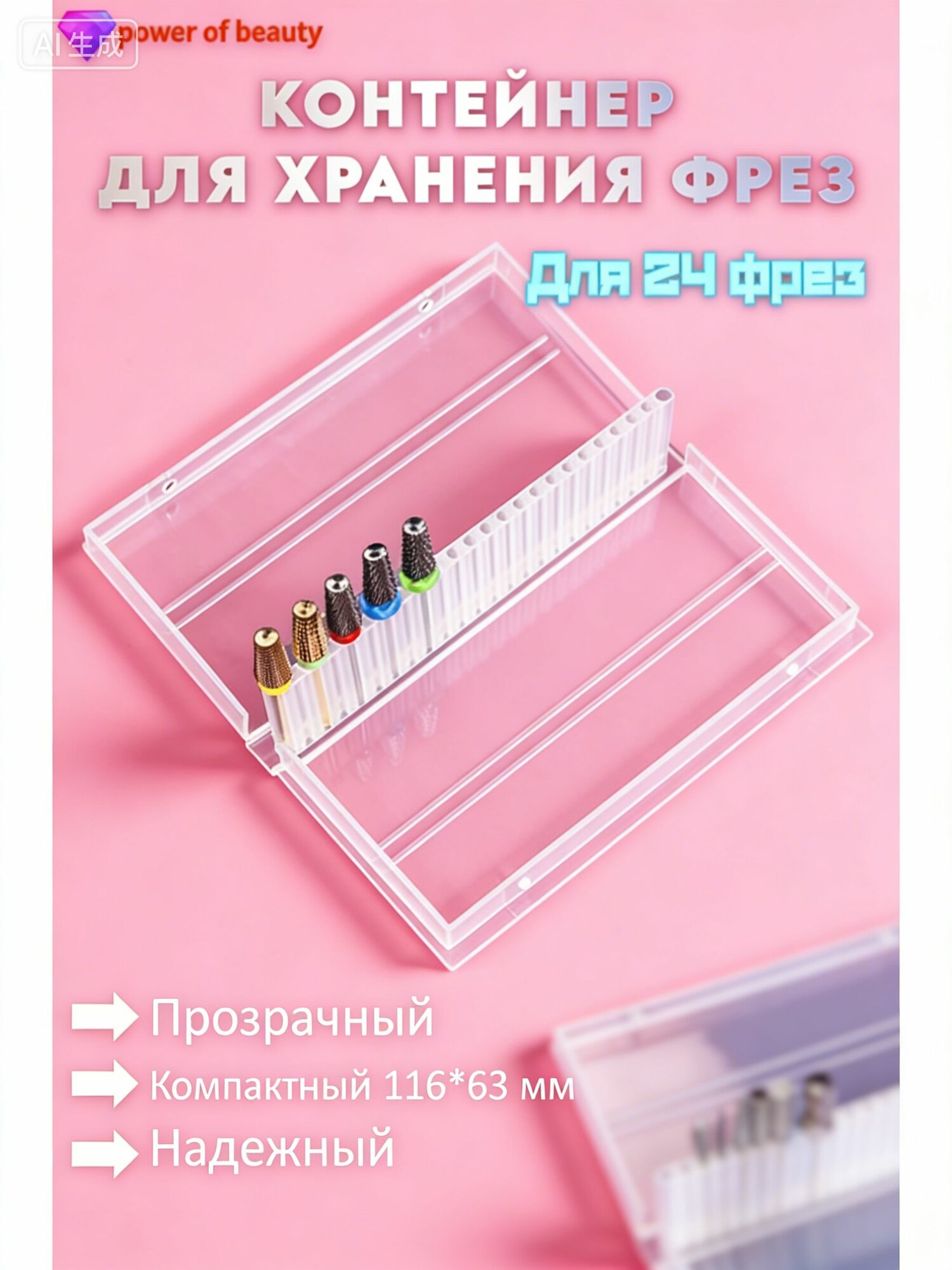 Контейнер для фрез с 20 отделениями, 10 х 6,5 см, прозрачный органайзер для инструментов