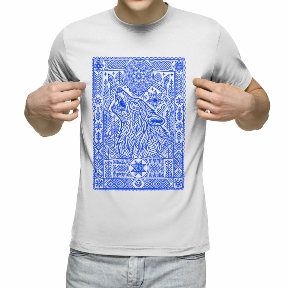 Мужская футболка «Русский узор: славянский волк как оберег» (белый, 3XL)