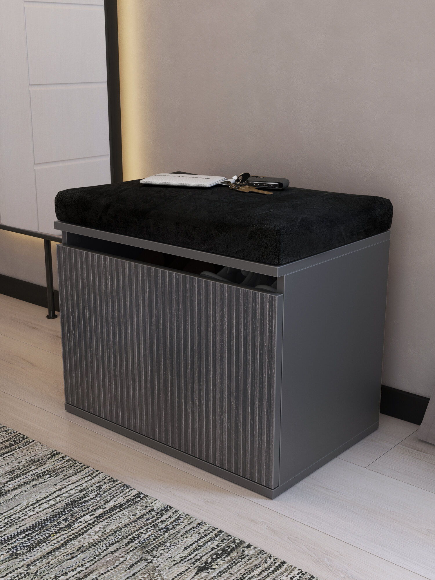 Обувница с сиденьем в прихожую с принтом Рейки "Кадена Мини", ЛДСП, велюр, 2 отделения, графит