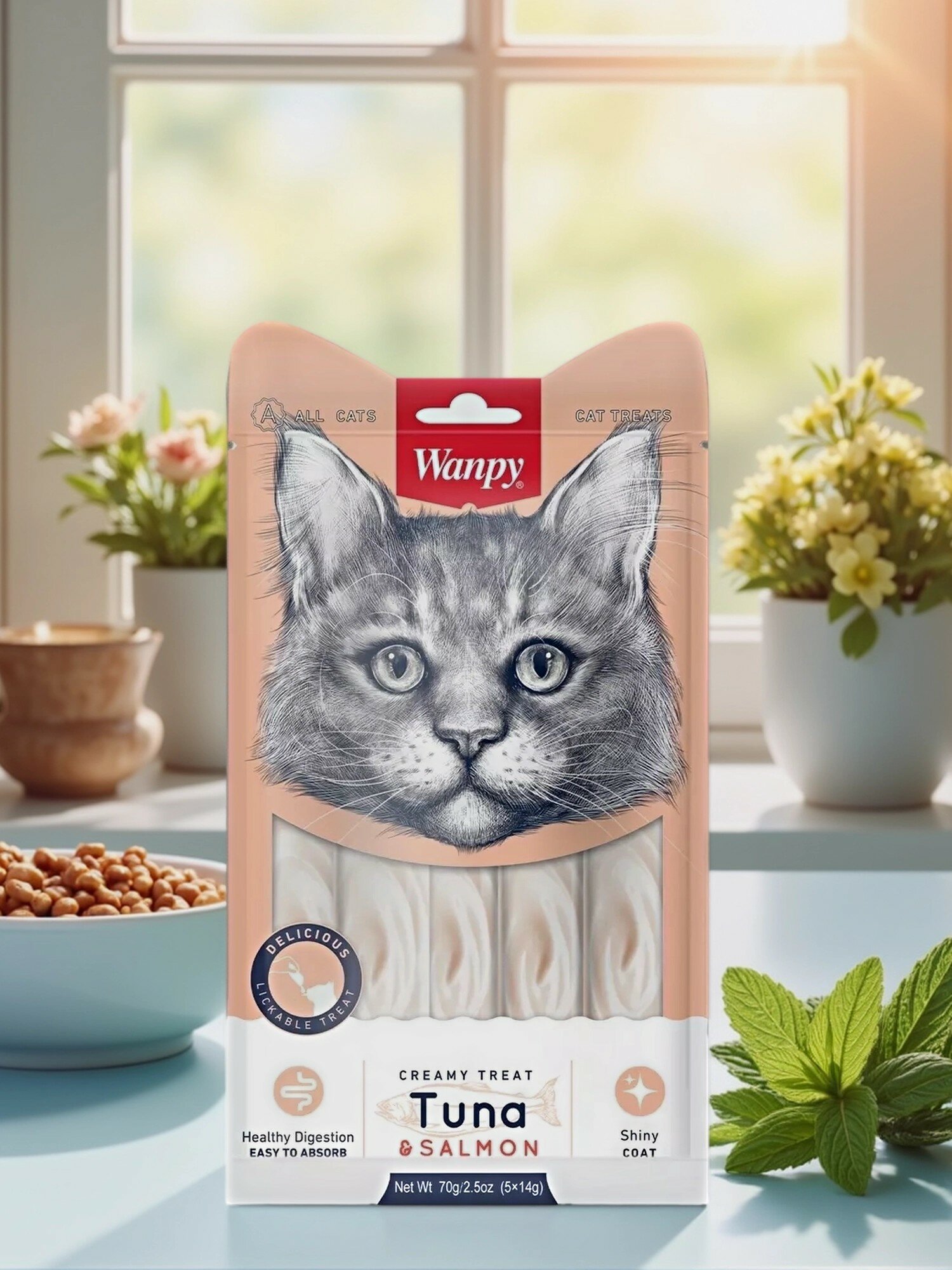 Лакомство для кошек Wanpy Cat "нежное пюре" с лососем и тунцом в ложечке 10 шт х16 г