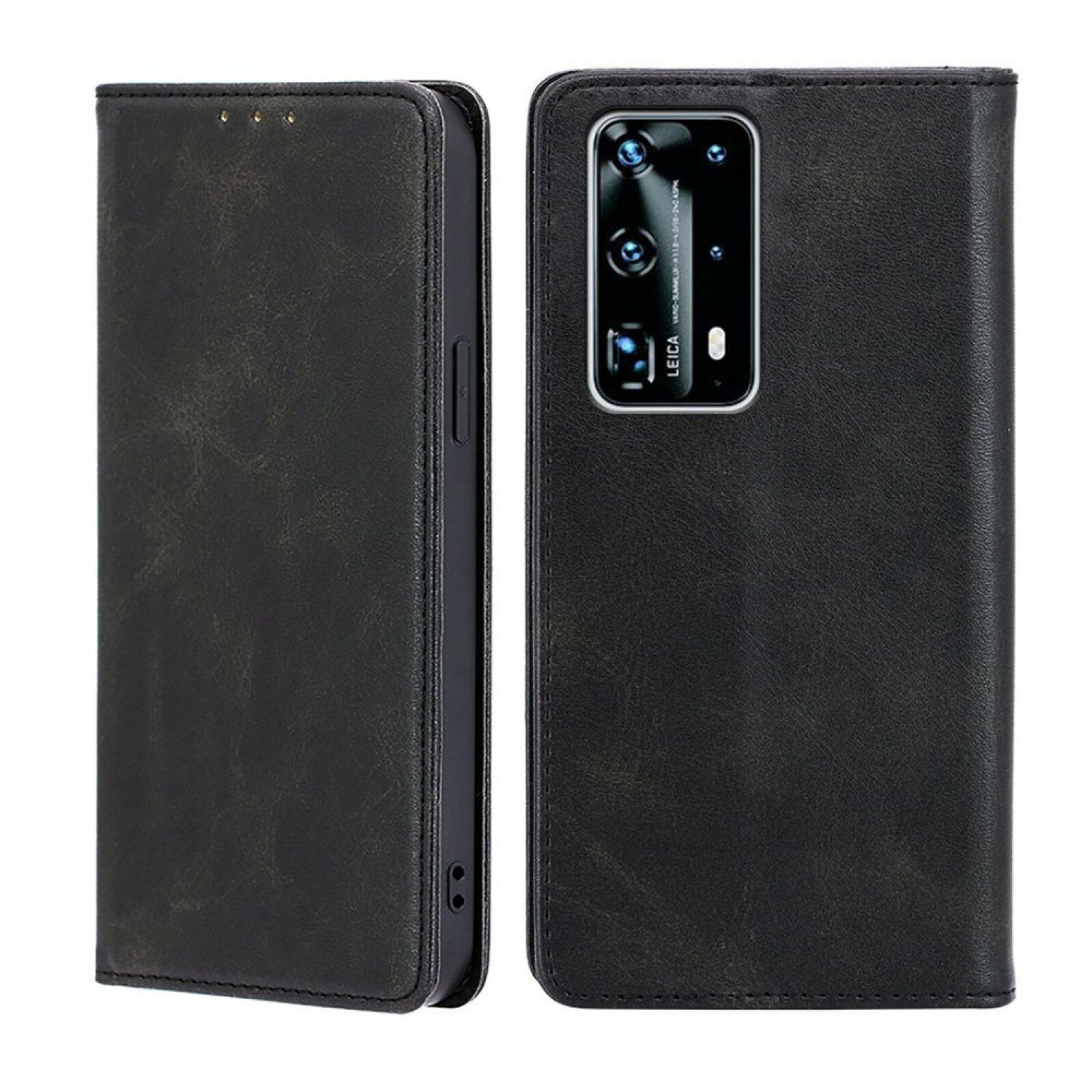 Чехол-книжка MyPads для Huawei P40 Pro+ Plus из натуральной телячьей кожи с магнитным закрытием, черный
