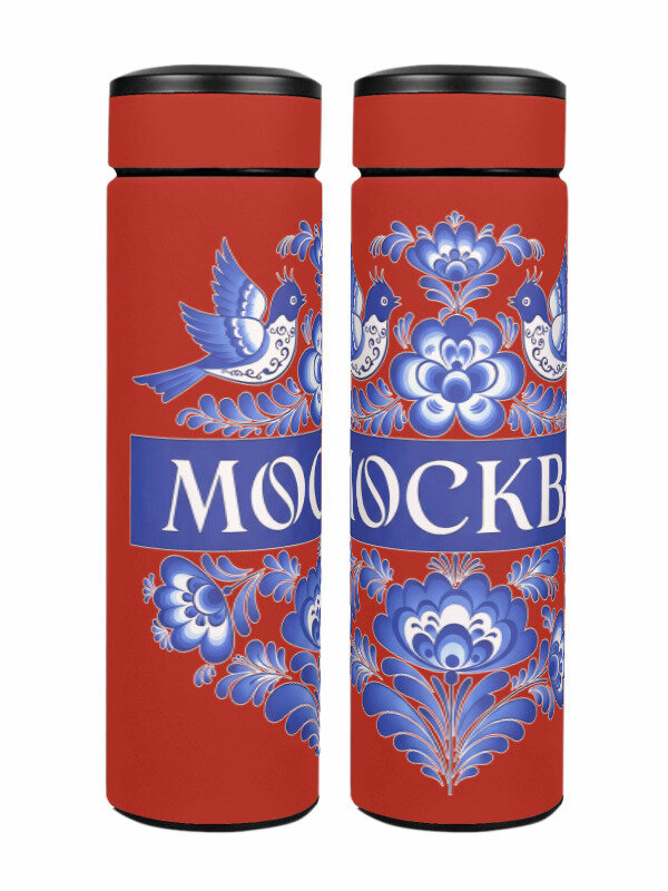 Термос «Москва. Синие цветочные орнаменты и птички» (красный)