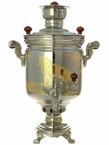 Угольный самовар 5 литров "цилиндр" никелированный с гравировкой "Волки"
