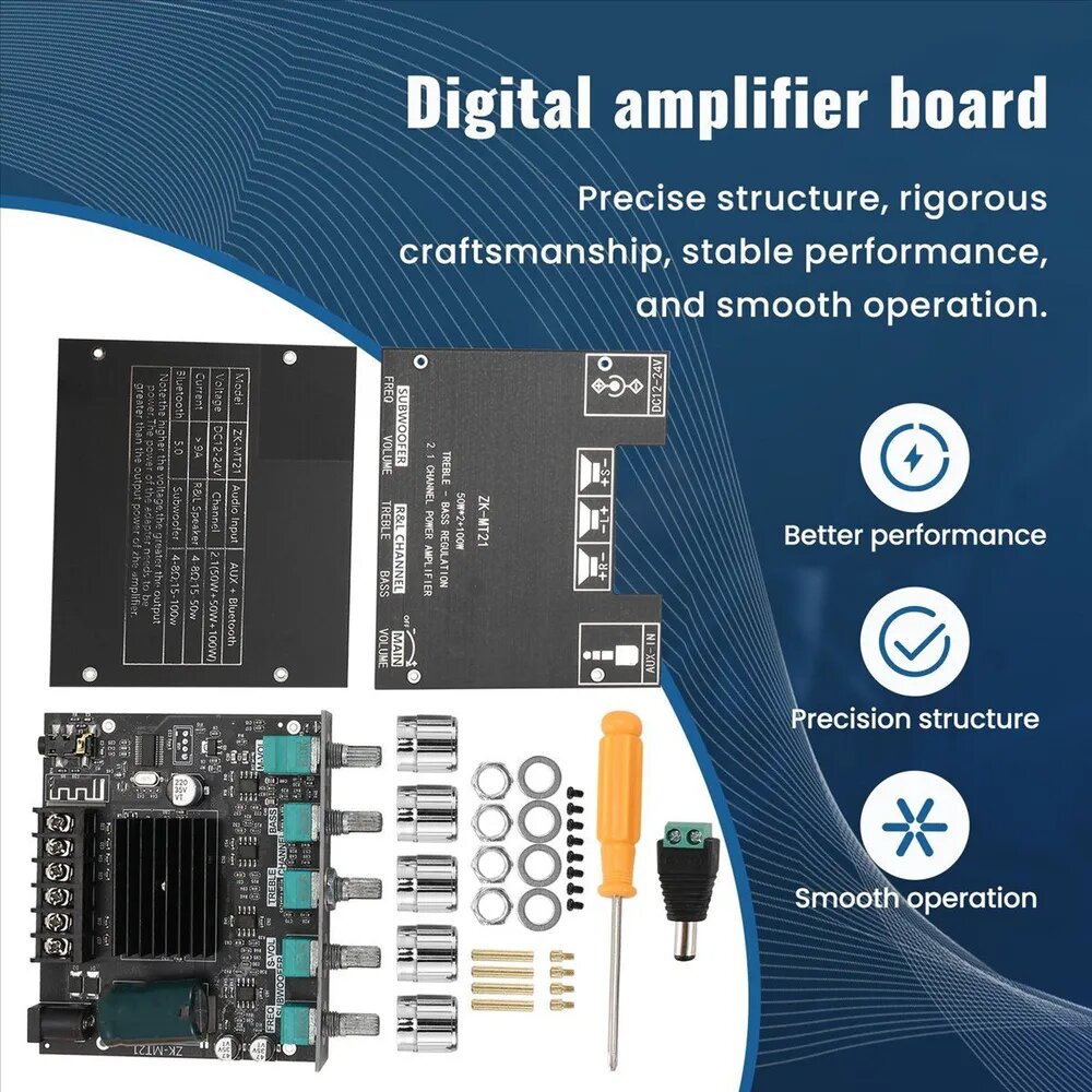 Цифровой усилитель мощности ZK-MT21, 50 Вт x 2 + 100 Вт, 2.1-канальный AUX (черный).