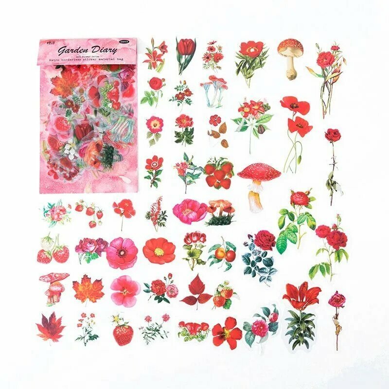 Большой набор наклеек PET стикеров "Garden Diary" 100 шт, наклейки для скрапбукинга