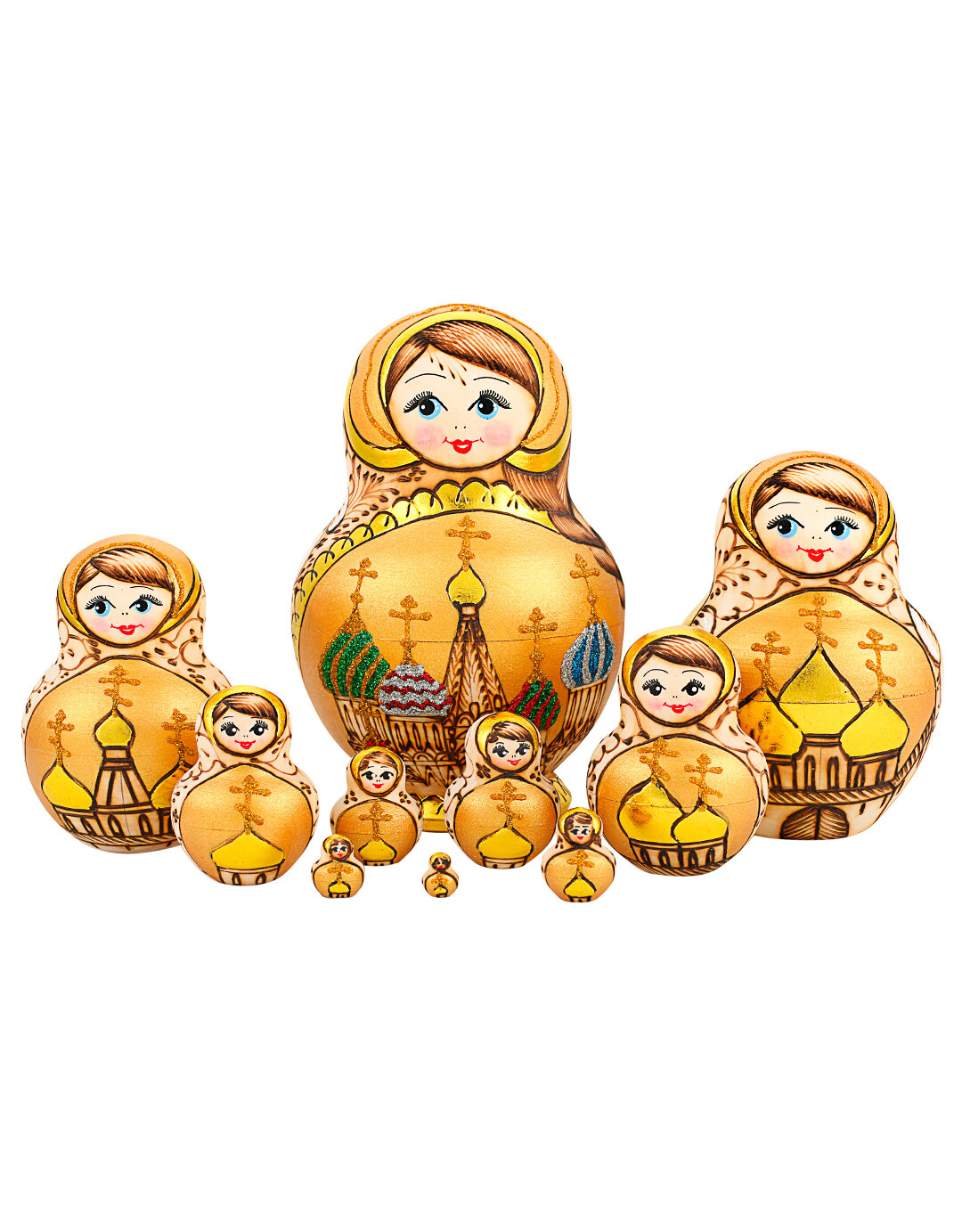 Матрешка " Храмы Москвы ", фигурная, золотая, 10 мест, 16 см.
