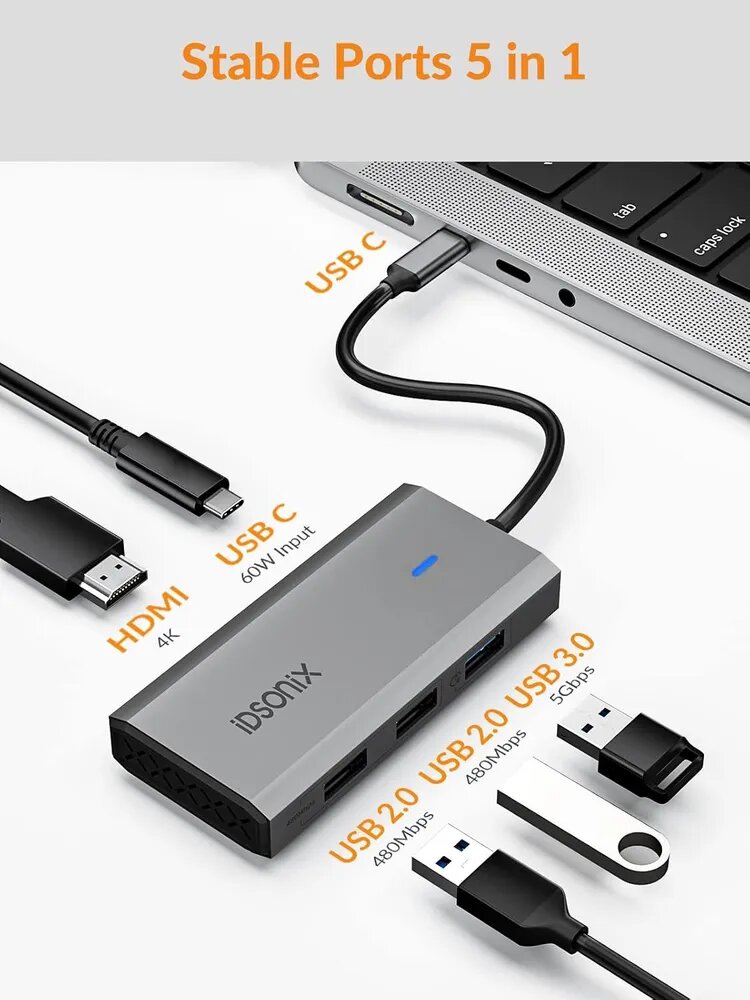 Док-станция для ноутбука IDPW Type-C HUB, PD 60 Вт 4К HDMI USB 2.0/3.0 USB-A, 5 портов для MacBook Air/Pro/HP/Dell