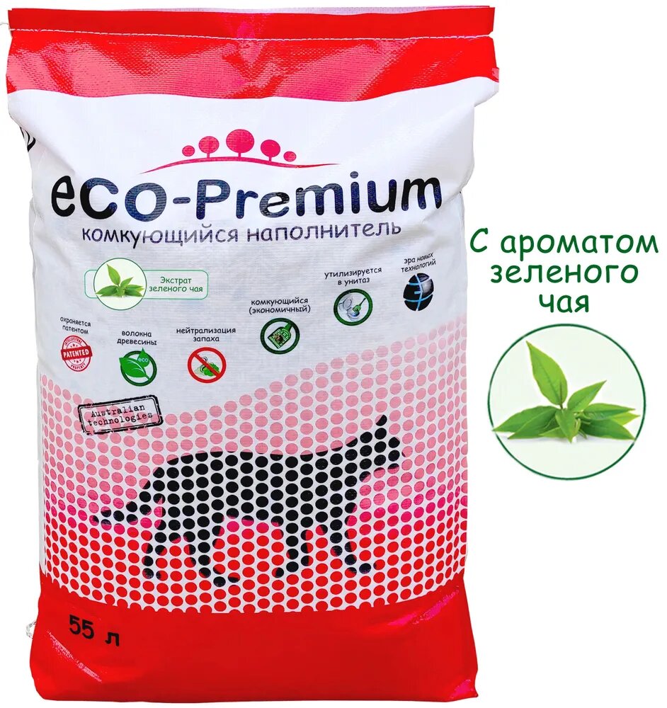ECO-Premium Наполнитель Древесный Комкующийся Зеленый чай 20000г.