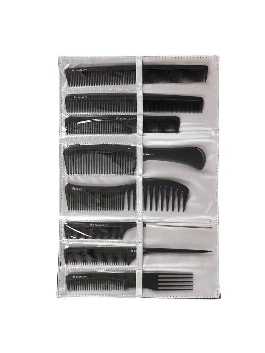 Набор расчесок DEWAL из карбона, в черном чехле 8 шт.