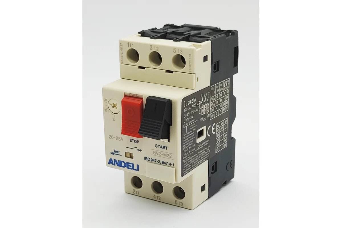 Пускатель ANDELI gv2‑m22 20A~25A кнопочный с термомагнитным расцепителем, IP20, пластиковый корпус, установка на DIN‑рейку для трёхфазных асинхронных двигателей.