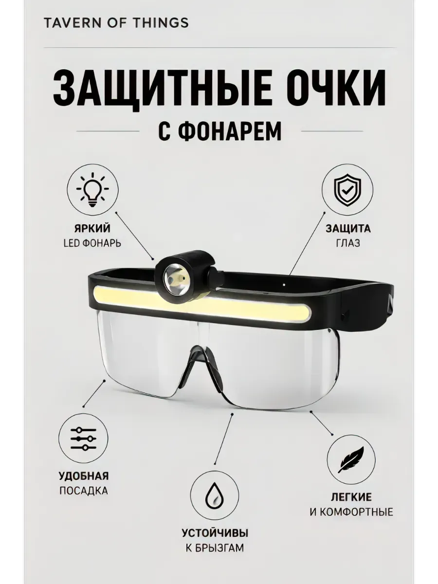 Защитные очки с LED фонарём, для работы, ремонта, рыбалки и туризма