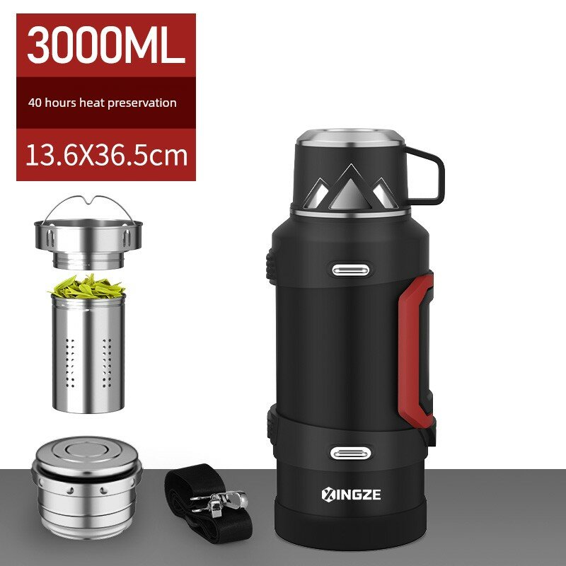 Премиум-фляга из нержавеющей стали 316L, 3,0 л, черная термос-чашка для походов, стальной цвет