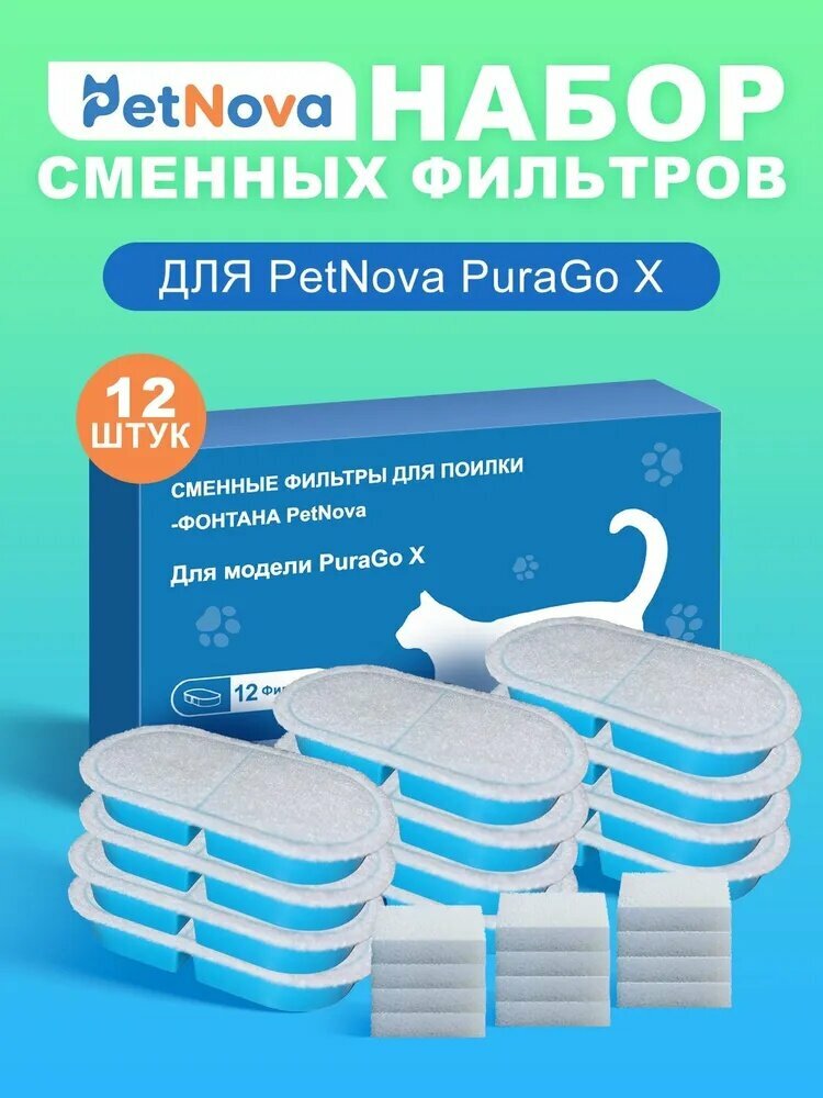 Сменные фильтры для поилки-фонтана PetNova, 12 шт, подходят для модели PuraGo X