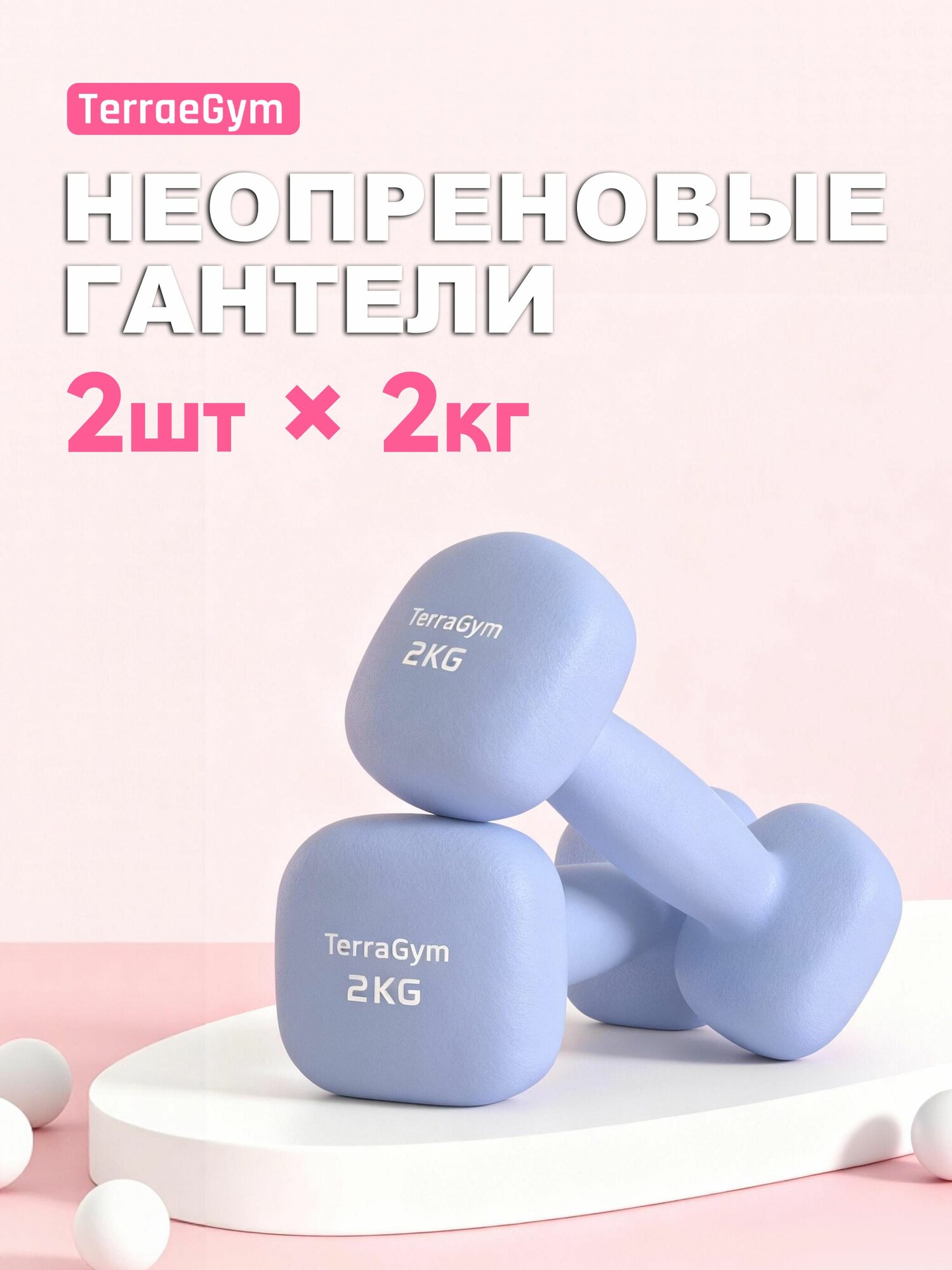 Гантели TerraeGym с порошковым покрытием, 2 кг, комплект из 2 штук. Матовая поверхность для удобного захвата и предотвращения скатывания. Подходят для домашнего использования женщинами. Синего цвета.