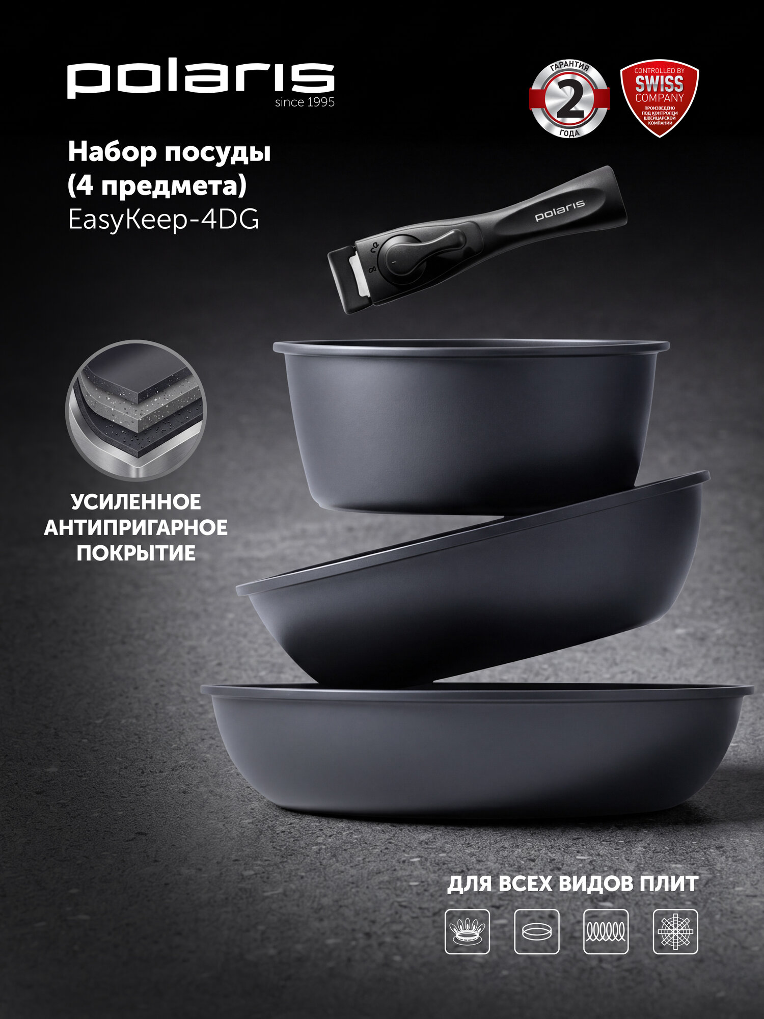 Набор посуды Polaris EasyKeep-4DG, сковороды 24 см и 26 см ковш 1,7 л со съемной ручкой, подходит для индукционной плиты