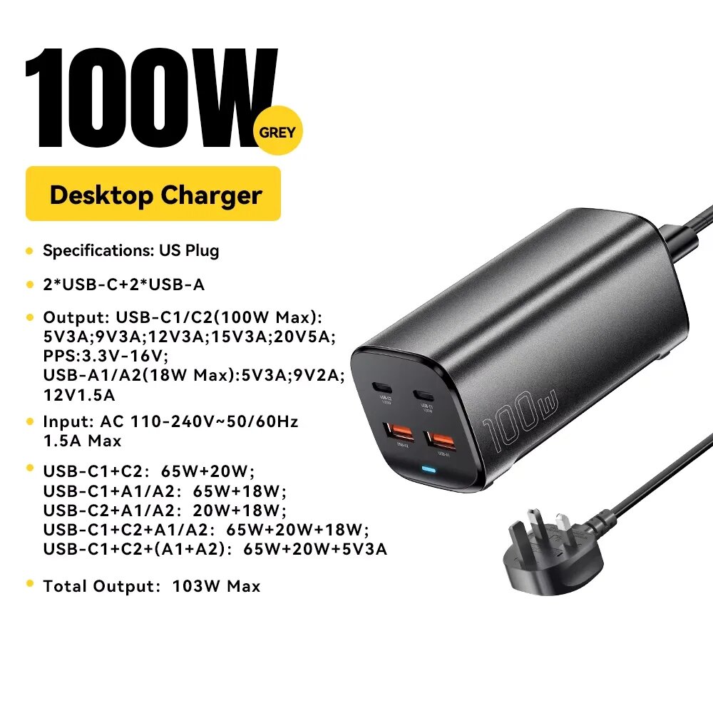 100W UK Зарядное устройство для ПК с 2 USB-C/A, Black