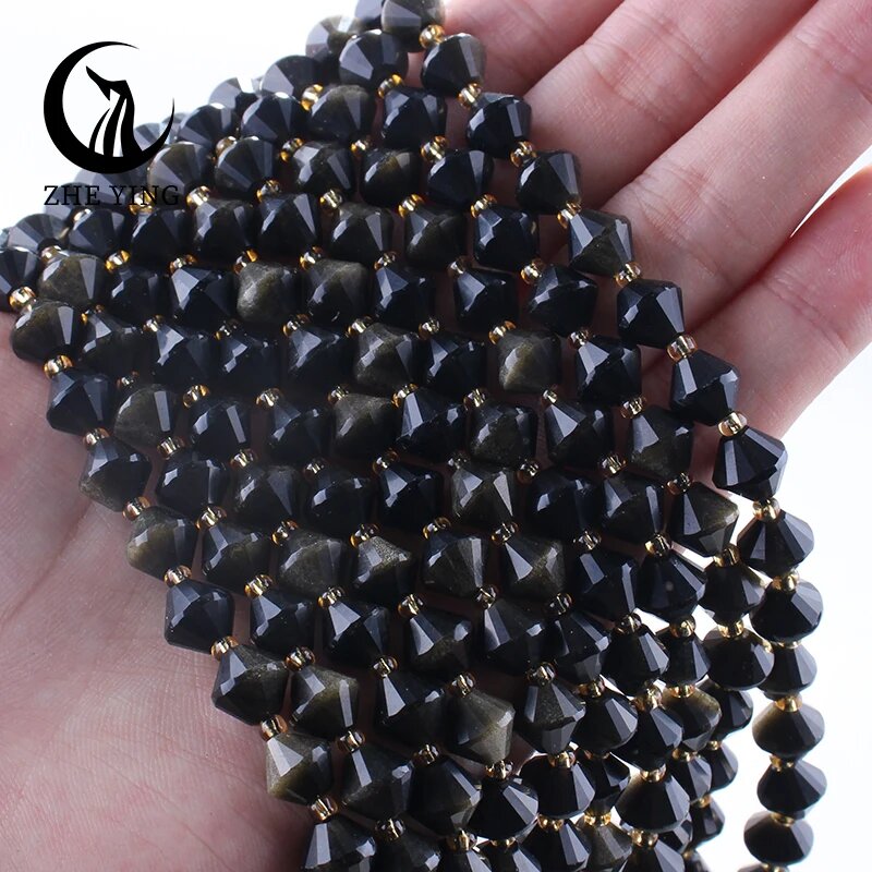 Бусины из цитрина 8 мм, биконусные, граненые Черный, 7golden obsidian