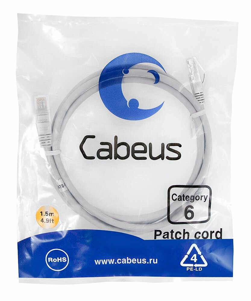 Кабель (патчкорд) Cabeus U/UTP, категория 6, 2xRJ45/8p8c, неэкранированный, серый, PVC, 1.5м (PC-UTP-RJ45-Cat.6-1.5m)