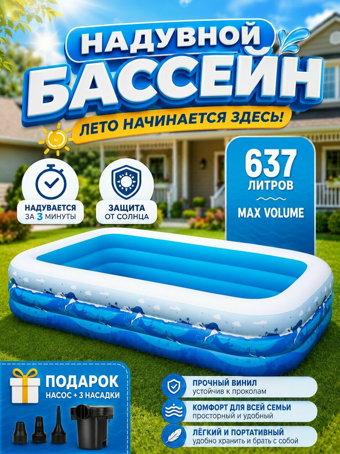 Бассейн надувной прямоугольный 200X122X52 см